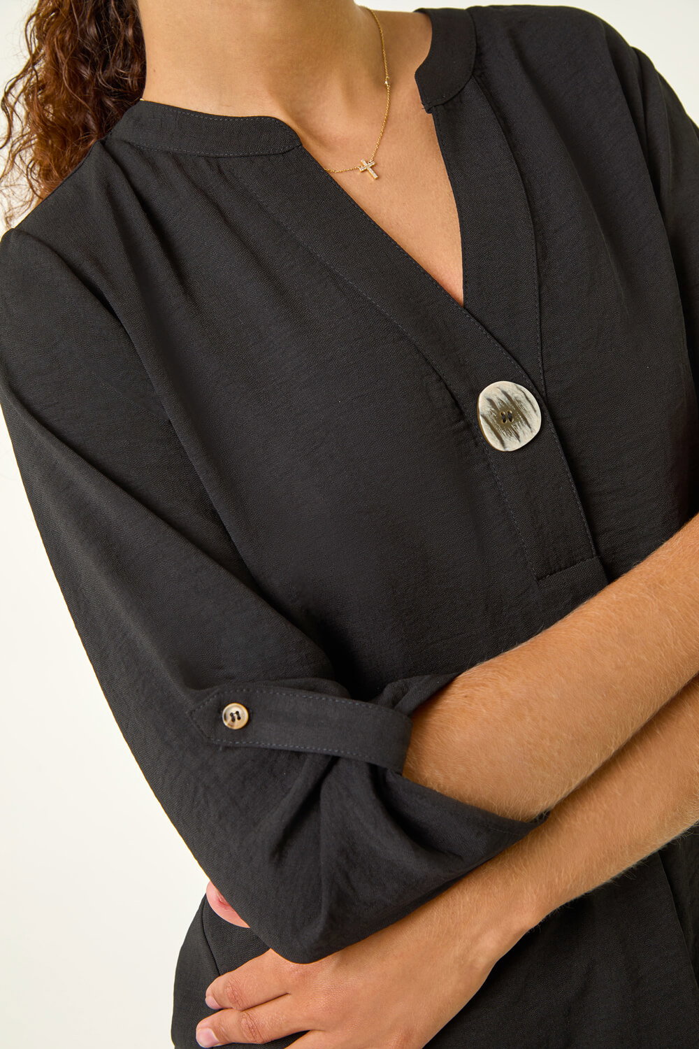 Black V-Neck Button Detail Top | Roman UK