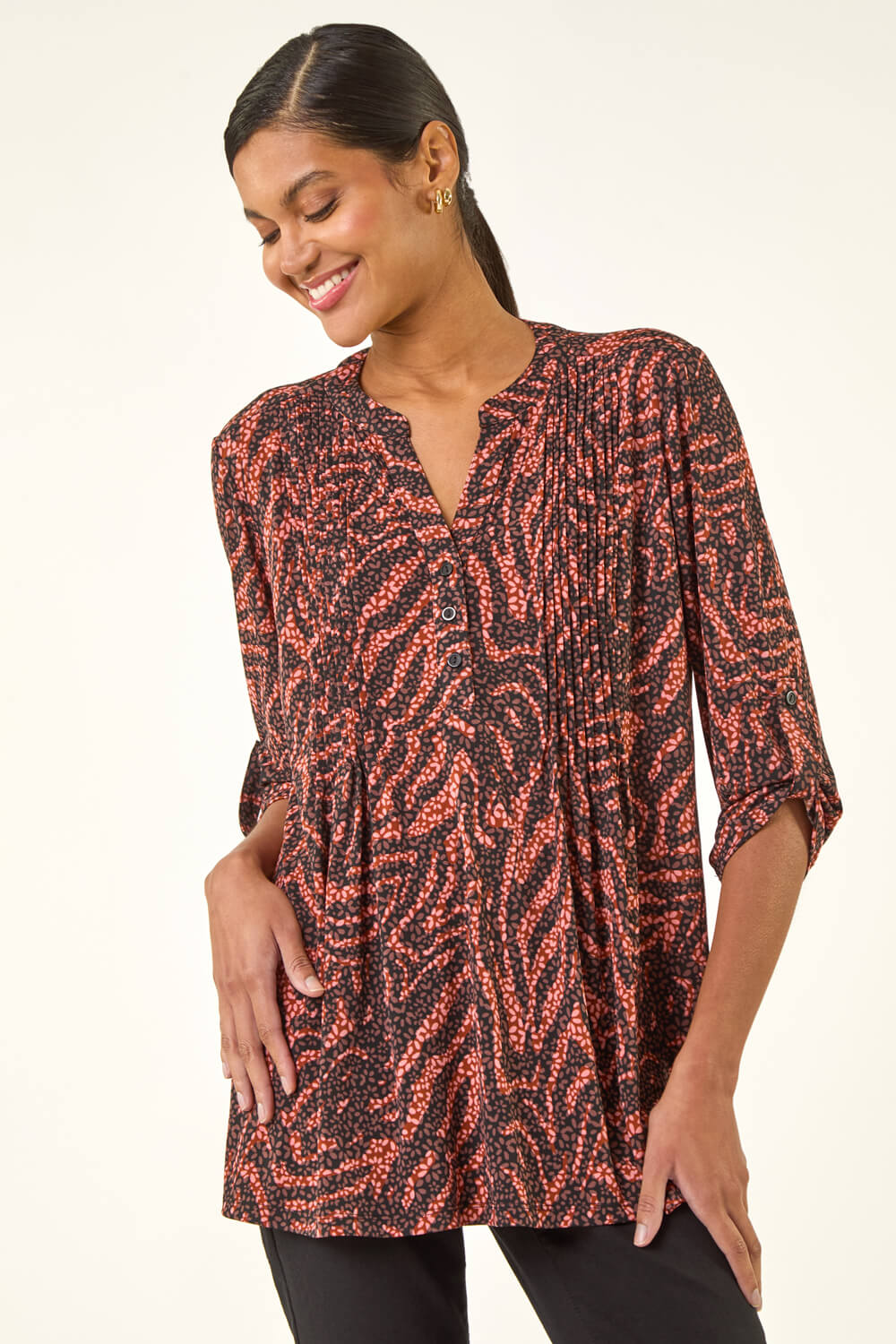 Rust Animal Print Pintuck Stretch Shirt | Roman UK