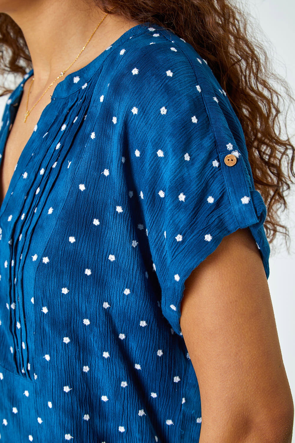 Navy Embroidered Polka Dot Print Top | Roman UK