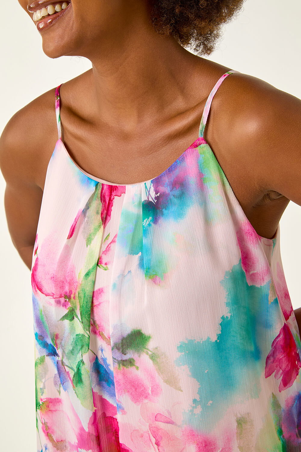 Pink Floral Watercolour Chiffon Cami Top | Roman UK