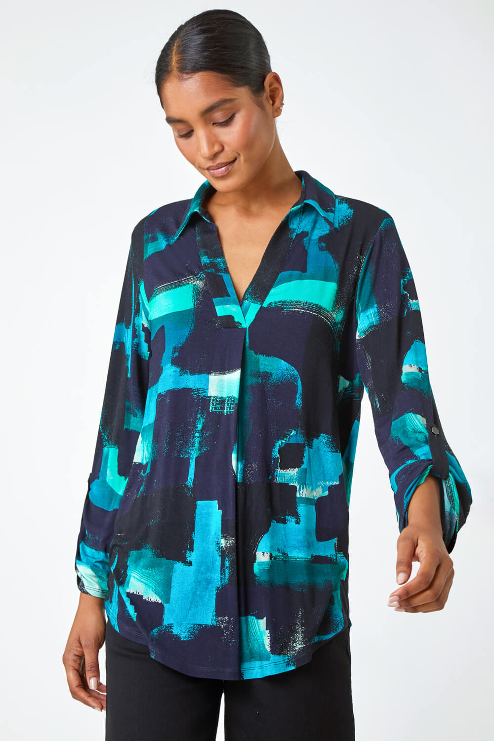 Turquoise Abstract Print Stretch Shirt Top | Roman UK