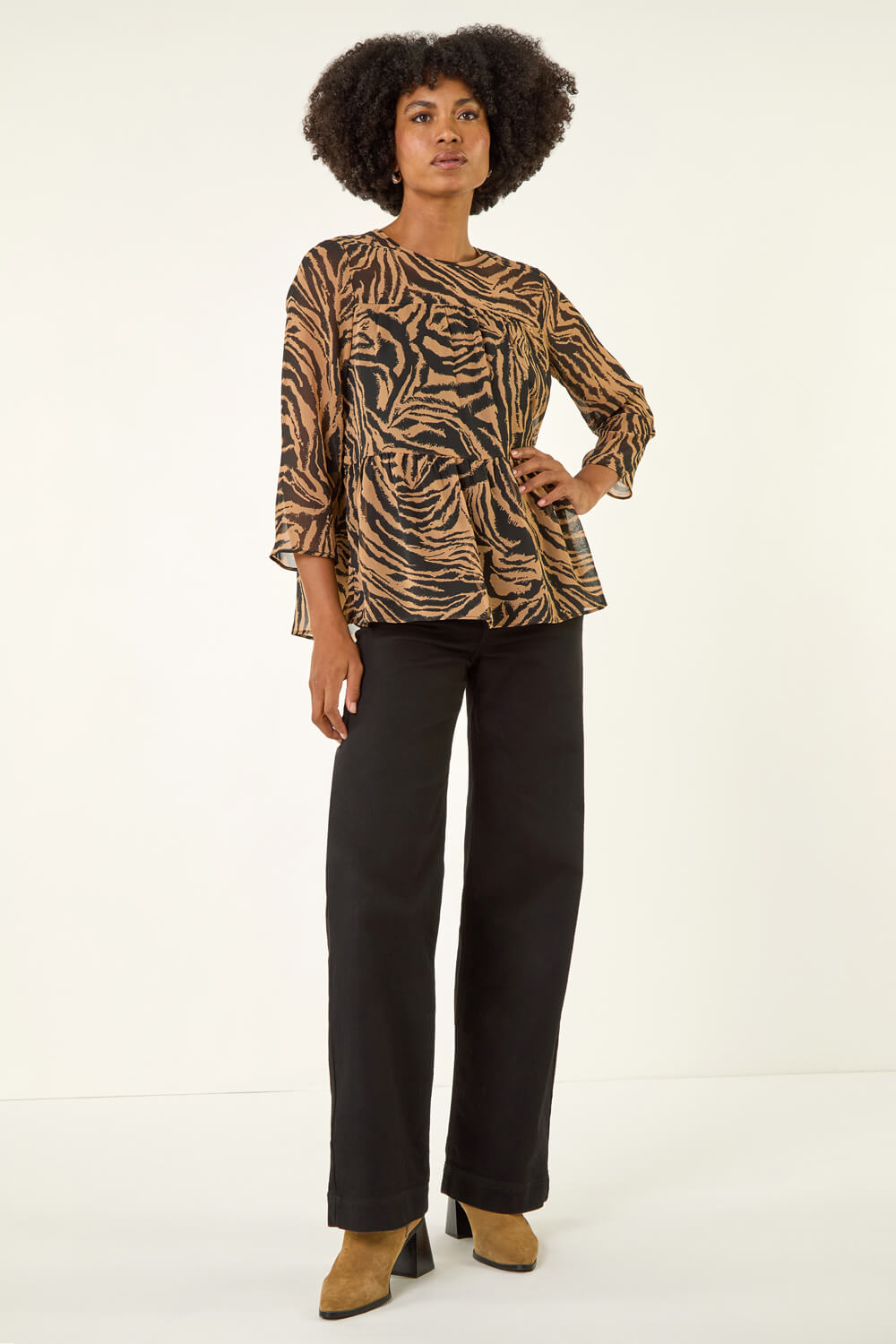 Tan Animal Print Tiered Top | Roman UK