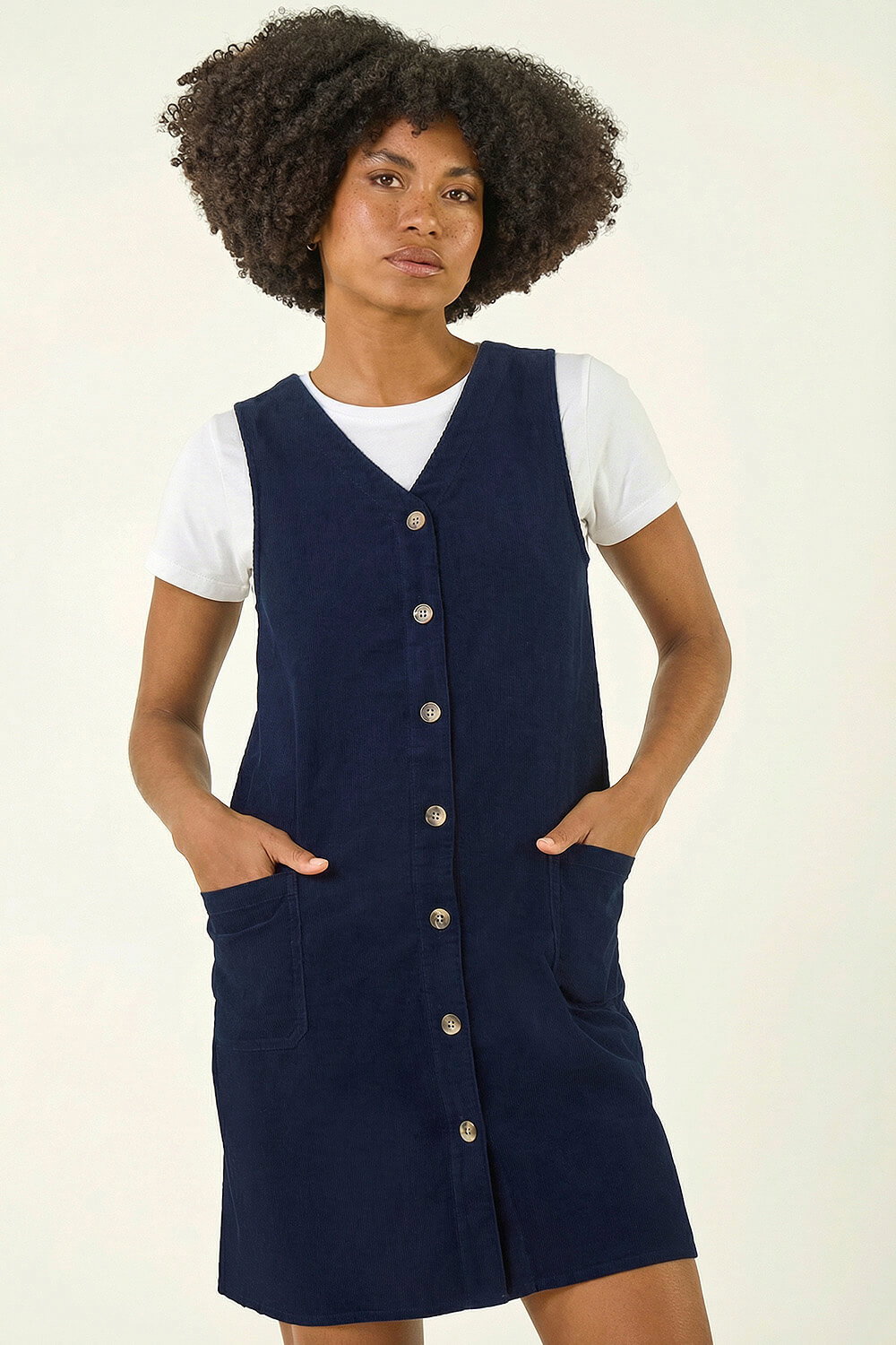 Navy Cotton V-Neck Button Pocket Dress | Roman UK
