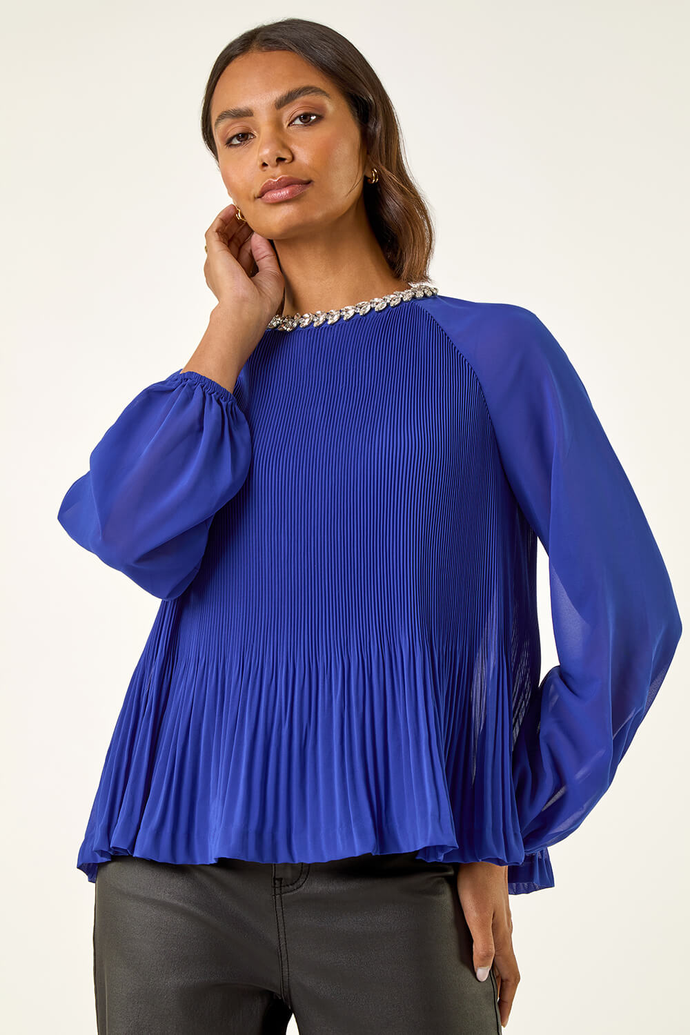 Blue Embellished Pleated Top | Roman UK