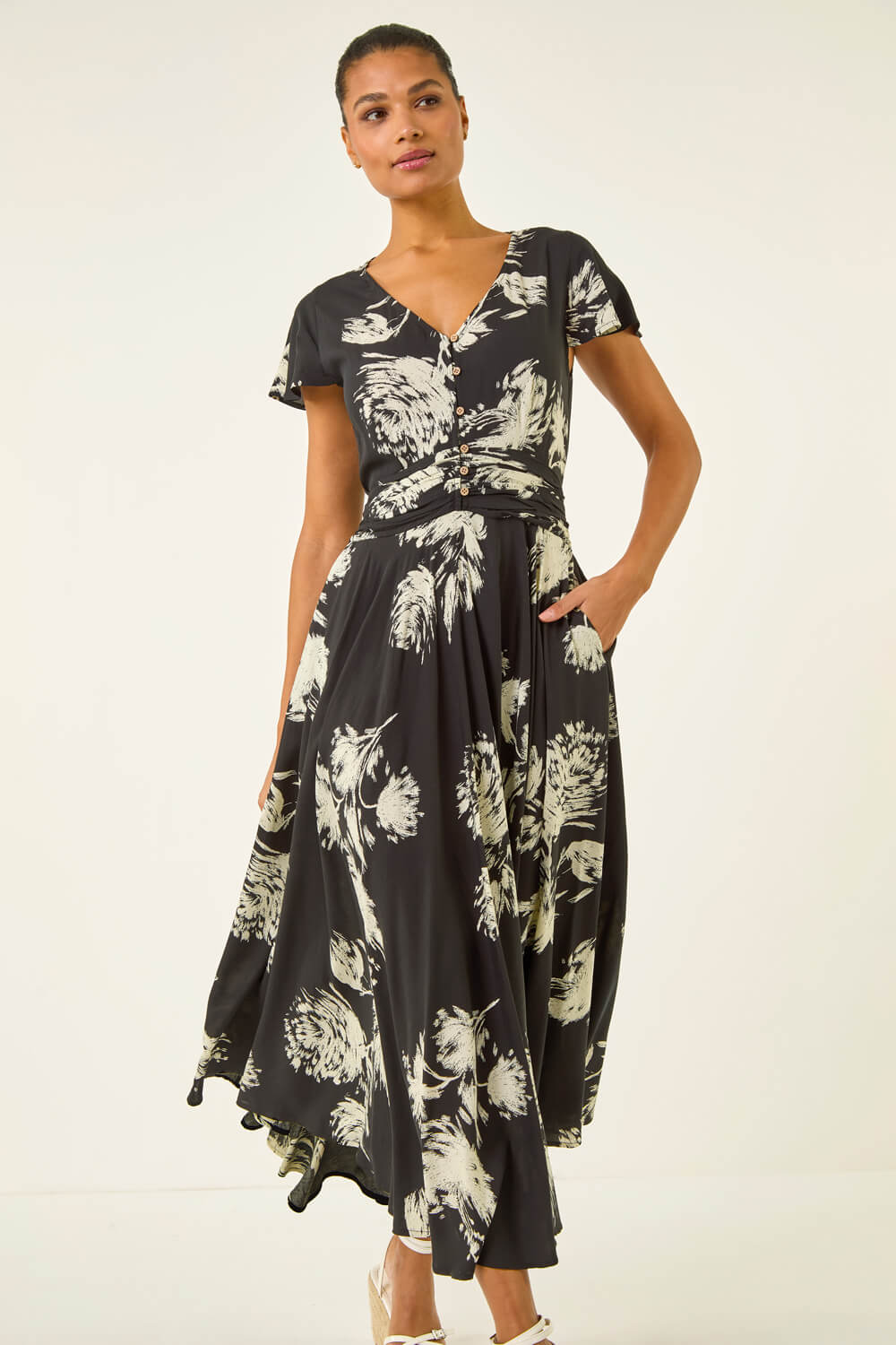 Black Floral Print Ruched Midi Dress | Roman UK