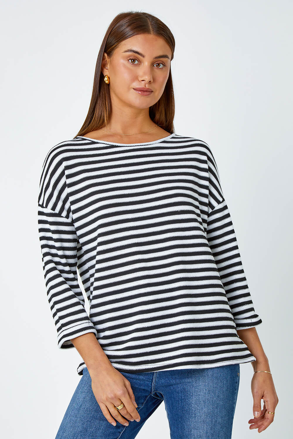 Black Stripe Print Stretch Knit Top | Roman UK