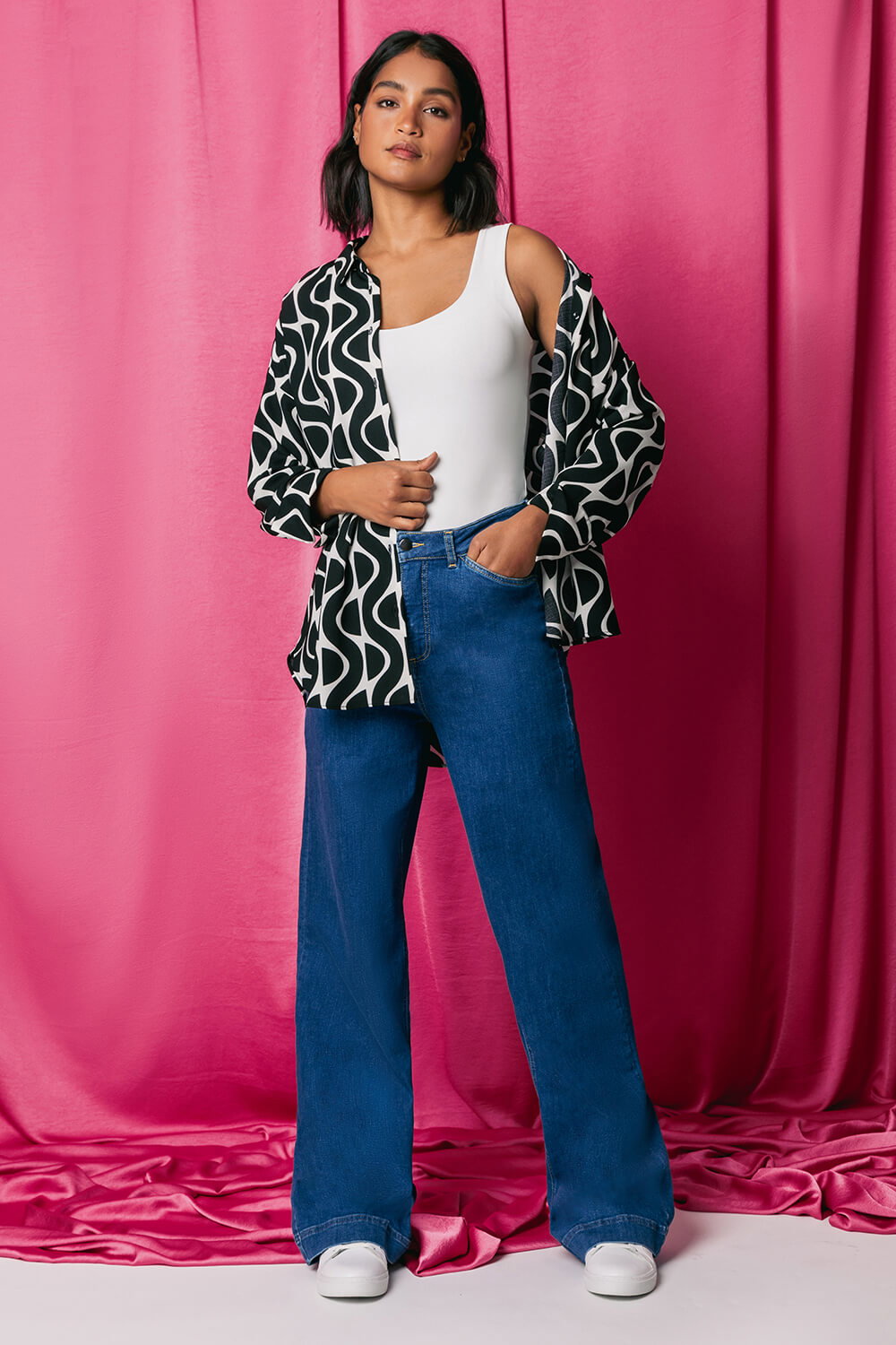 Denim Cotton Blend Wide Leg Stretch Jeans | Roman UK