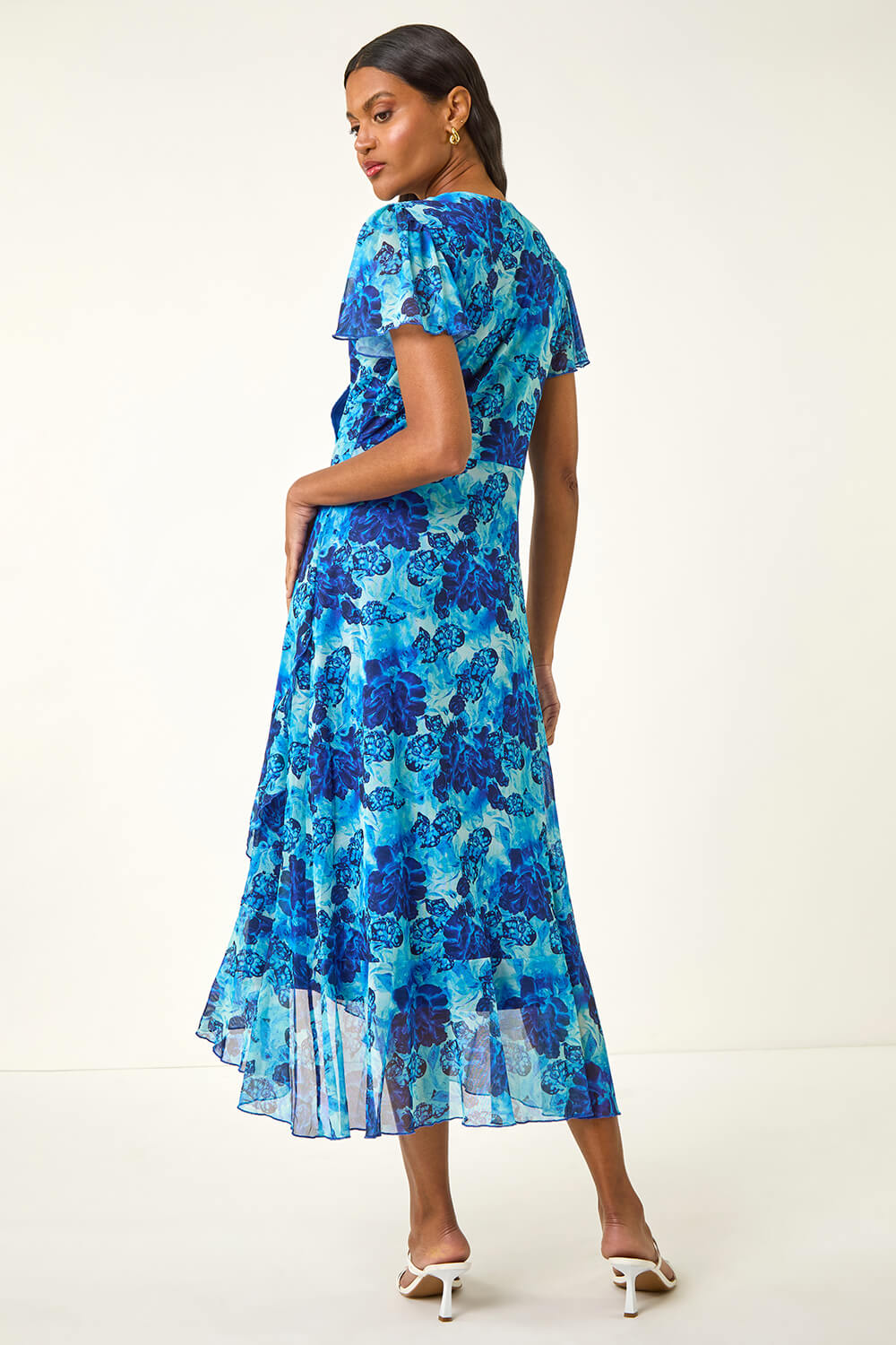Blue Floral Frill Mesh Stretch Dress | Roman UK