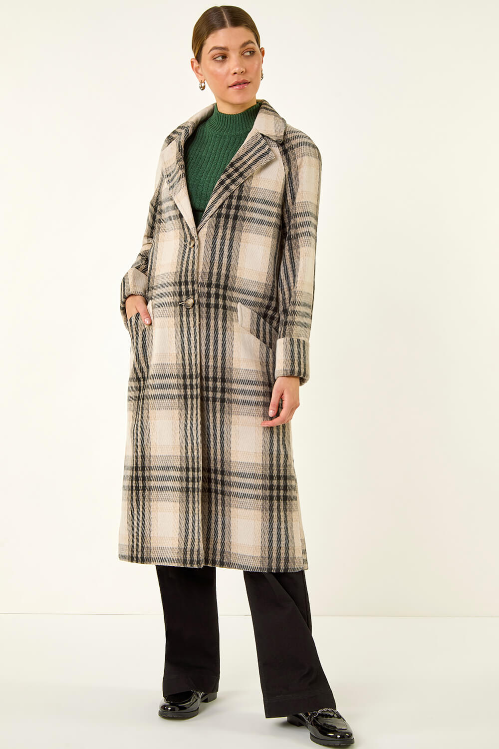 Ivory Check Print Longline Coat | Roman UK