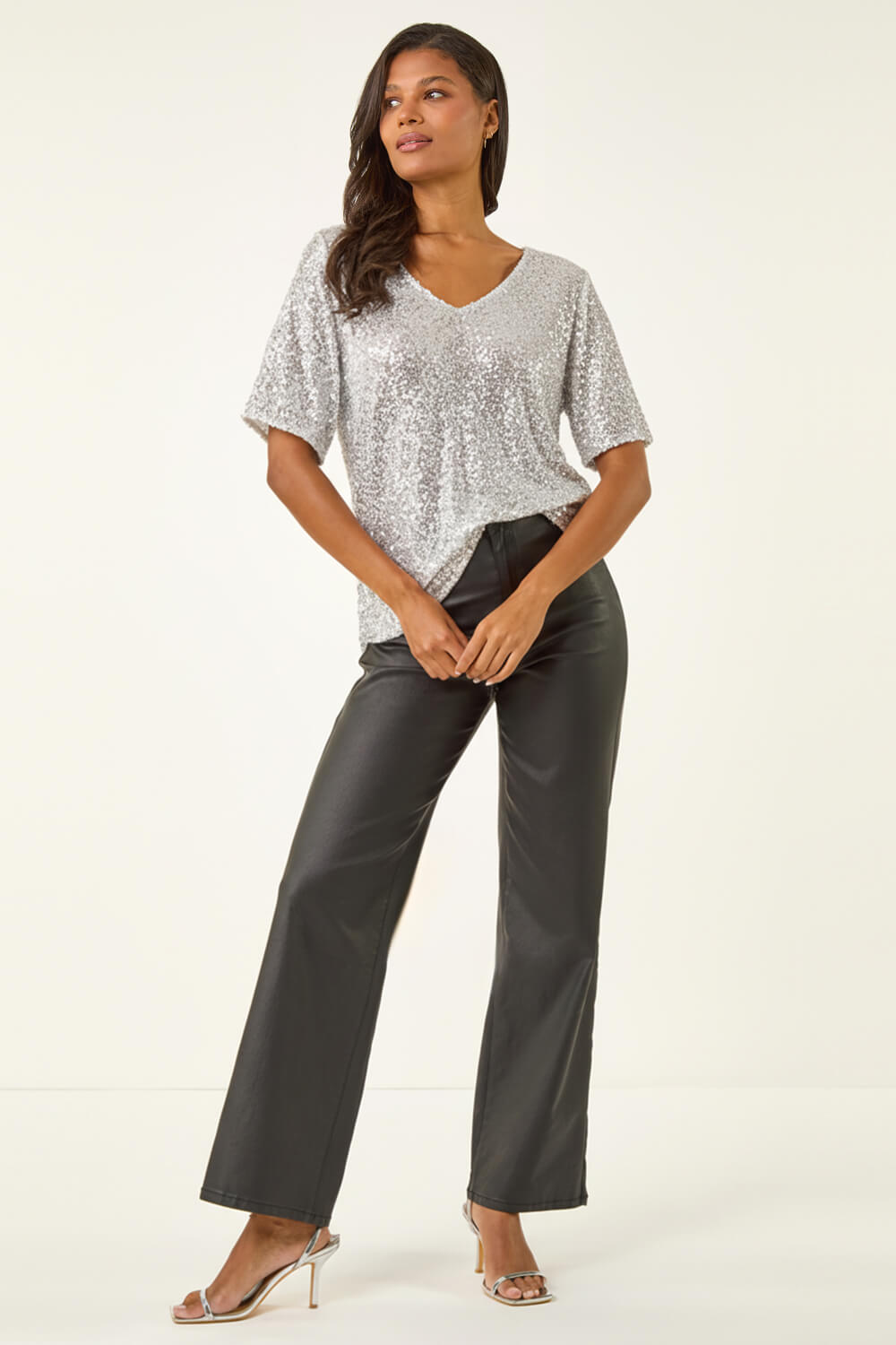 Silver Sequin Embellished V-Neck Top | Roman UK