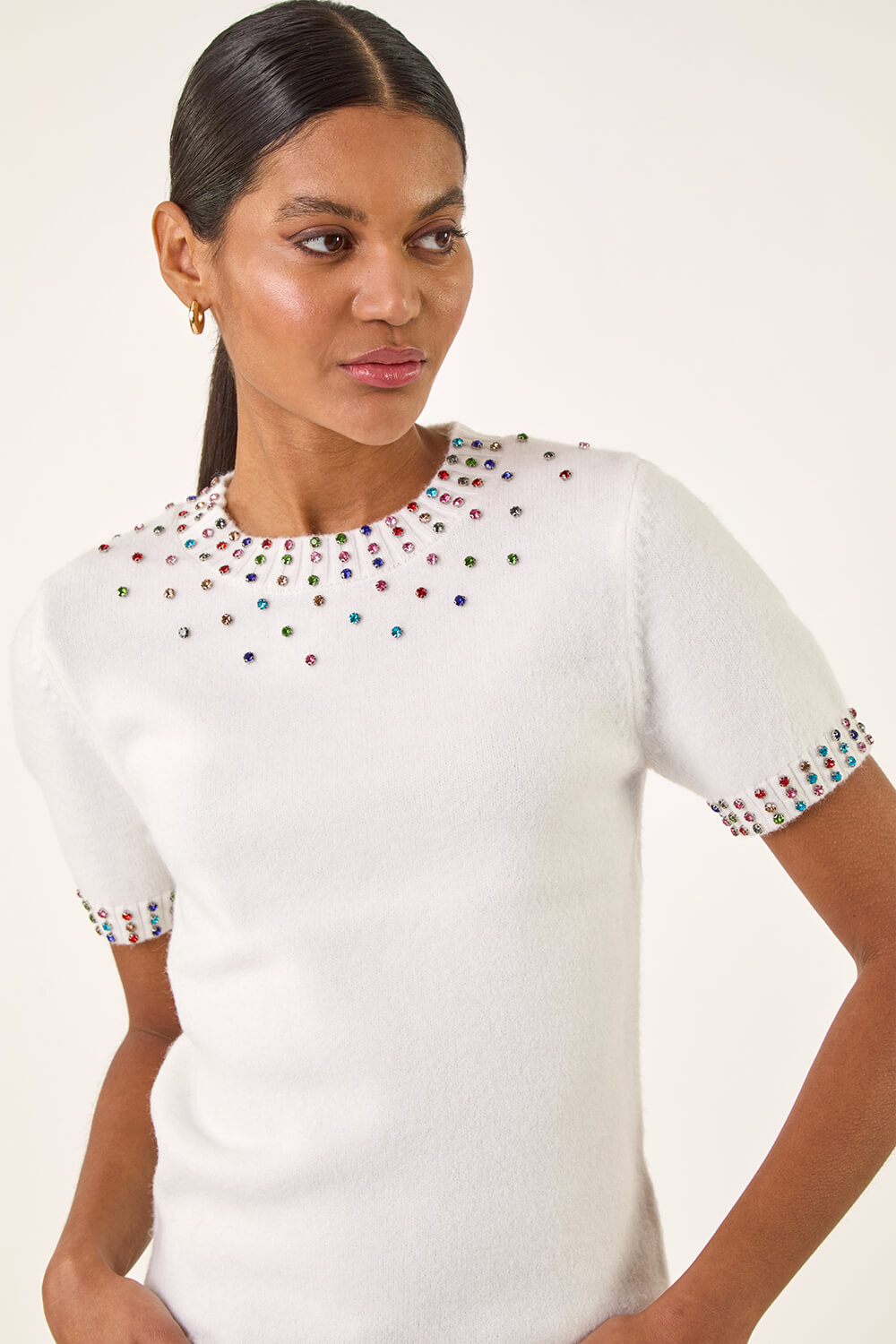 Ivory Embellished Neck Knitted Top | Roman UK