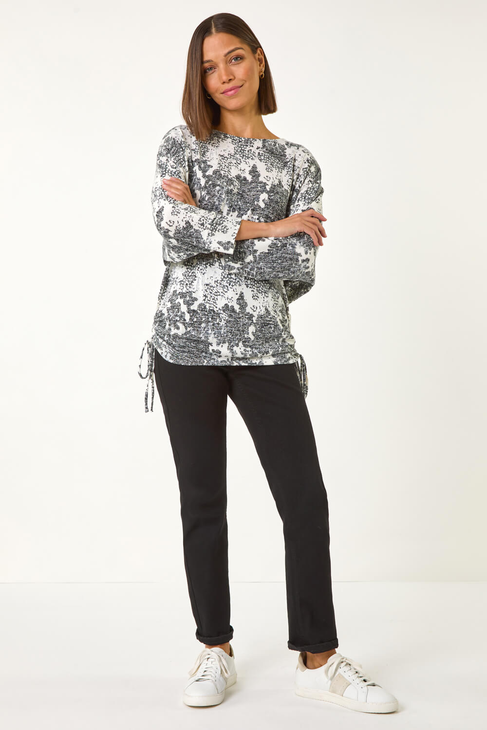 Grey Printed Side Tie Snit Top | Roman UK
