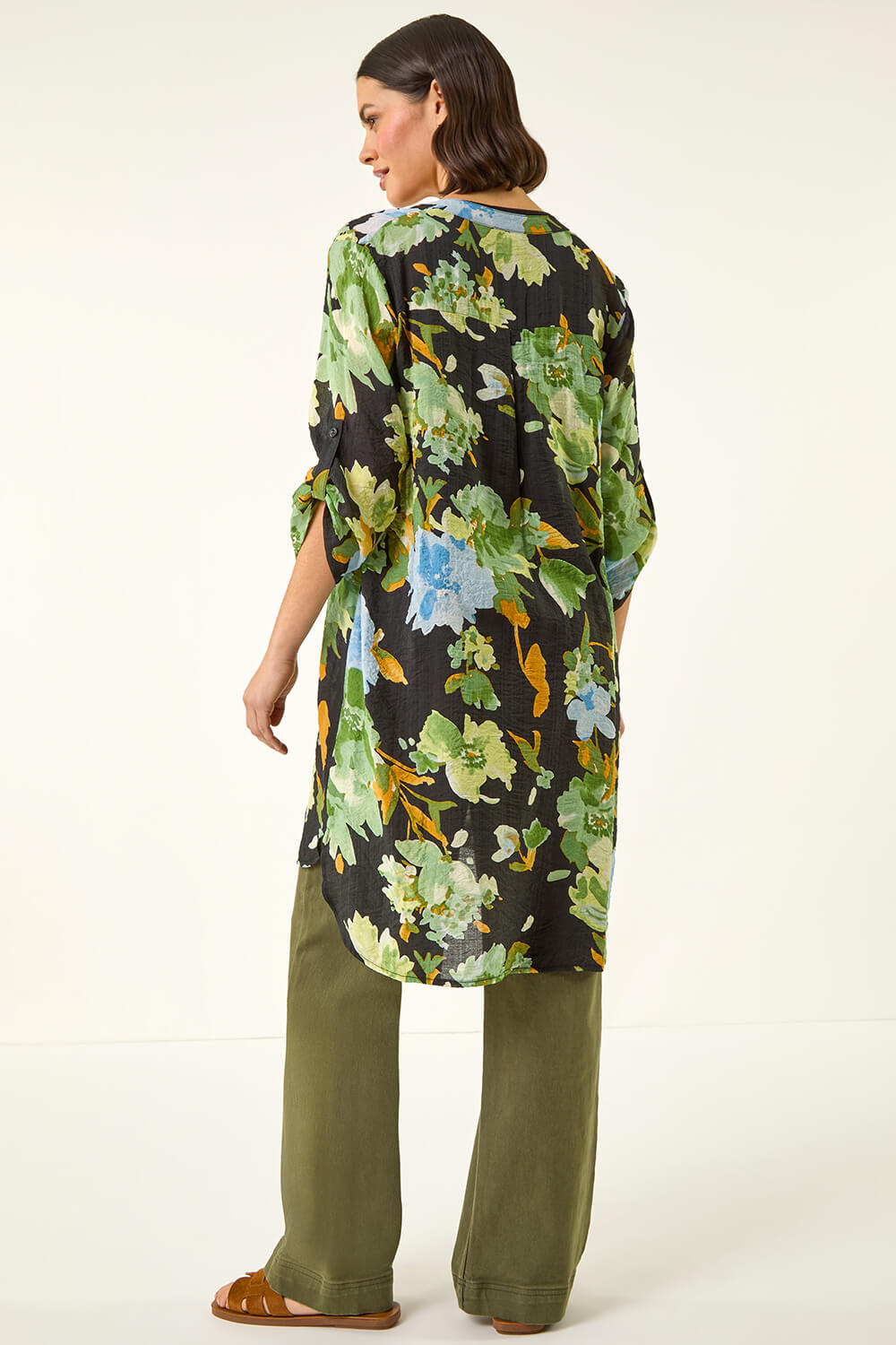 Green Floral Longline Buttoned Blouse | Roman UK