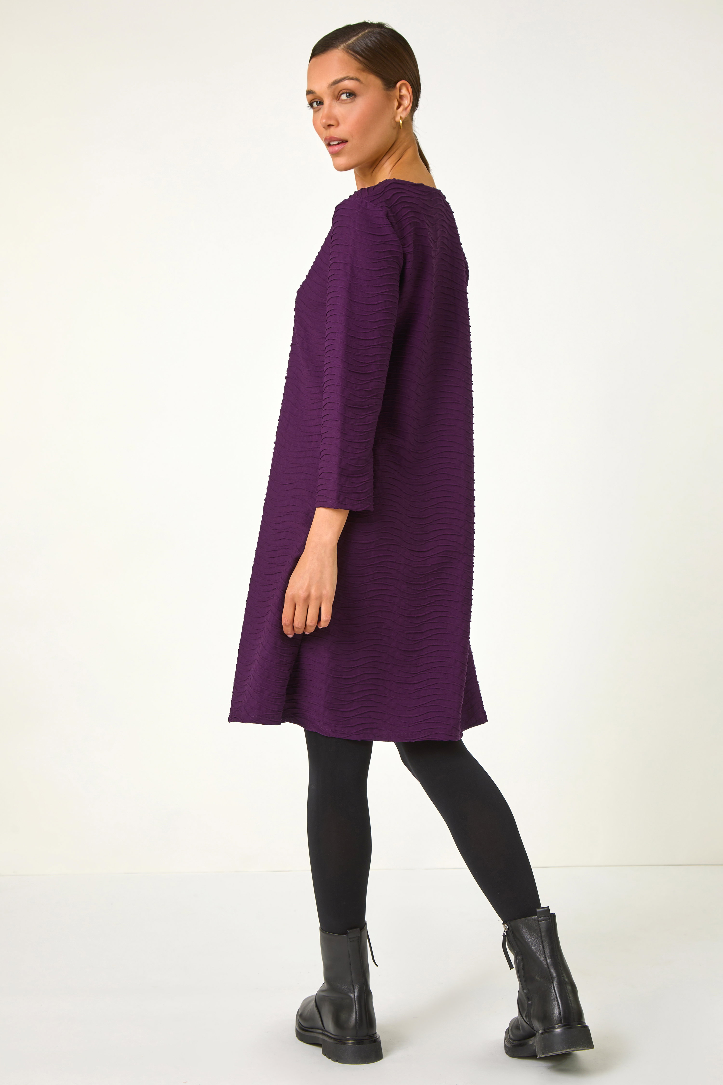 Plum Textured A-Line Stretch Dress | Roman UK