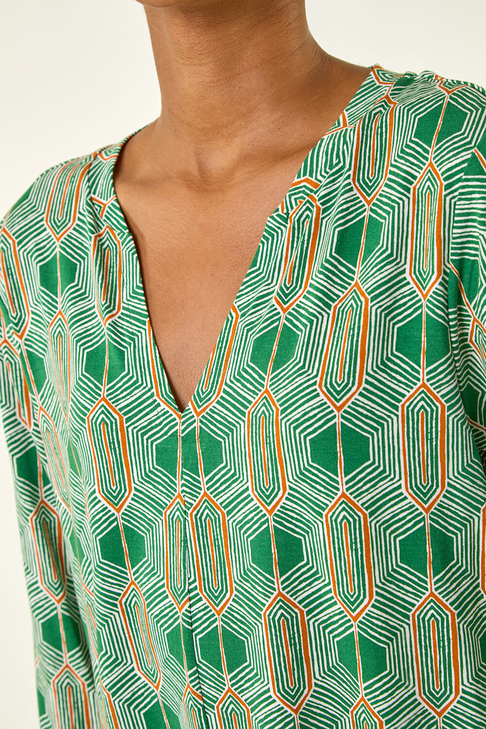 Green Geometric Print Stretch Top | Roman UK