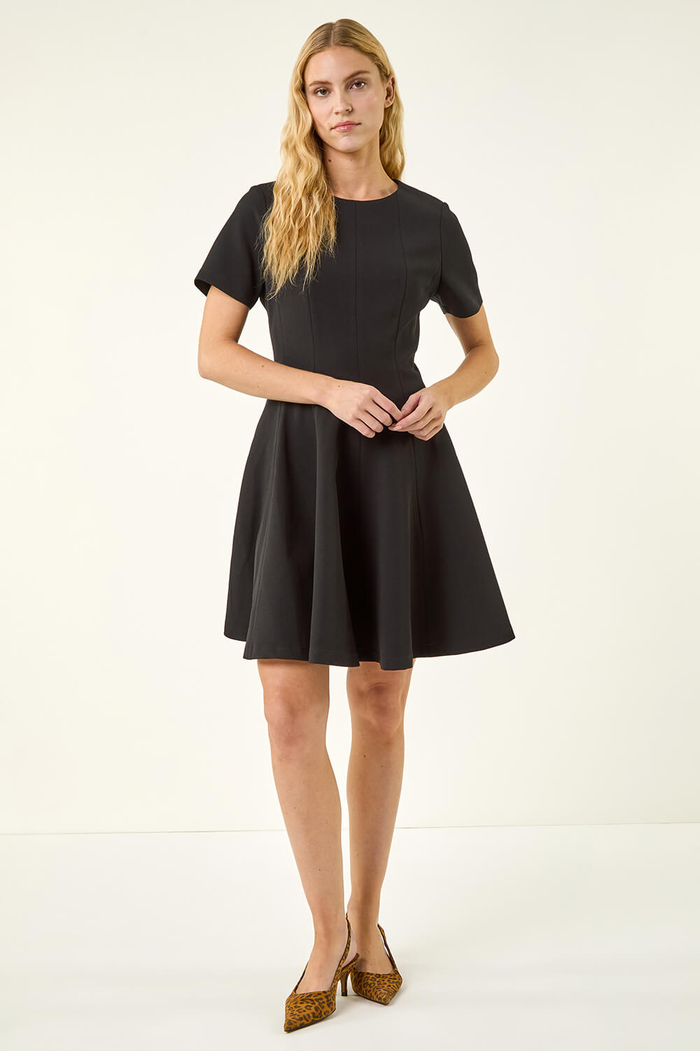 Black Panel Flared Stretch Dress | Roman UK