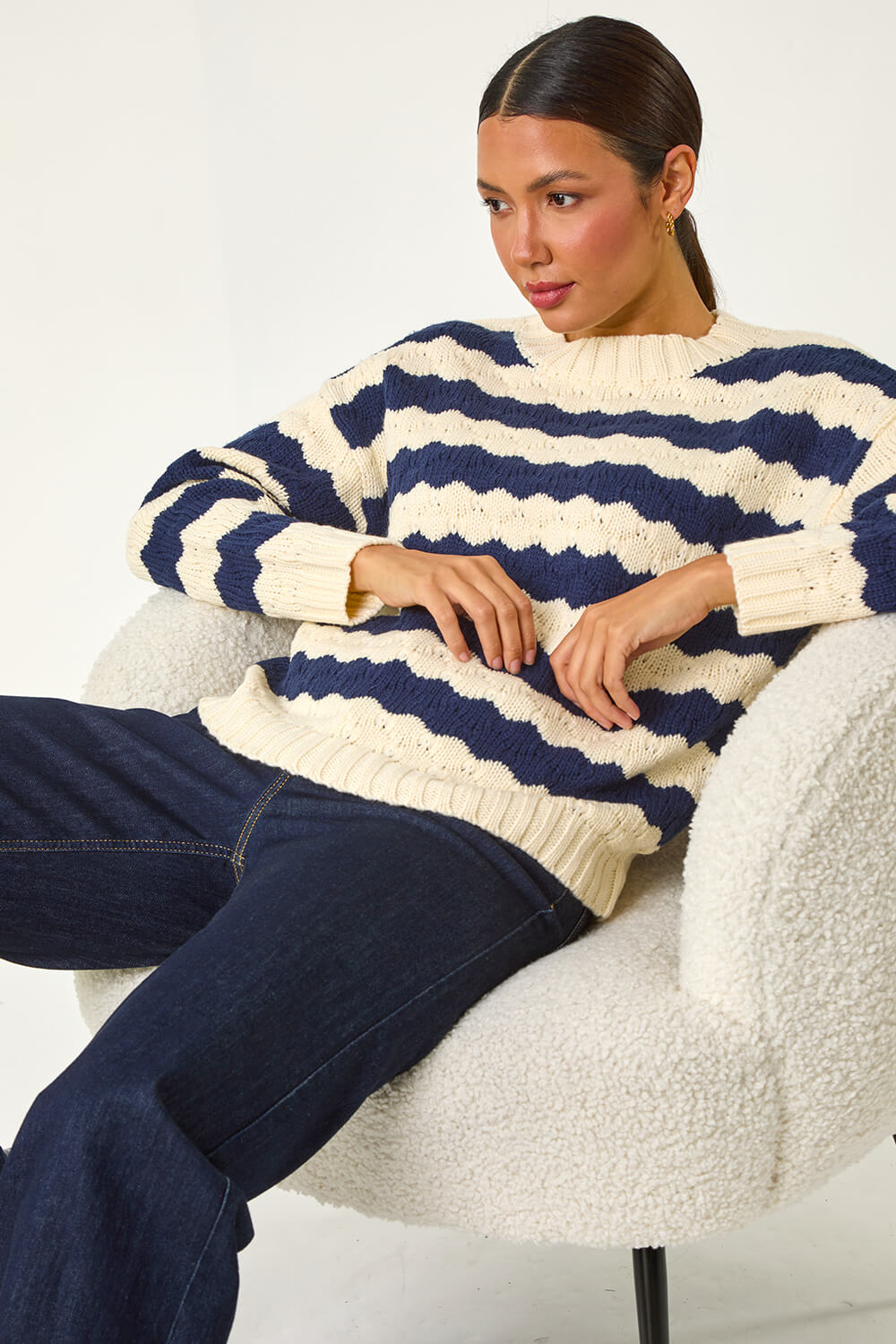 Midnight Blue Wave Colour Block Knit Jumper | Roman UK