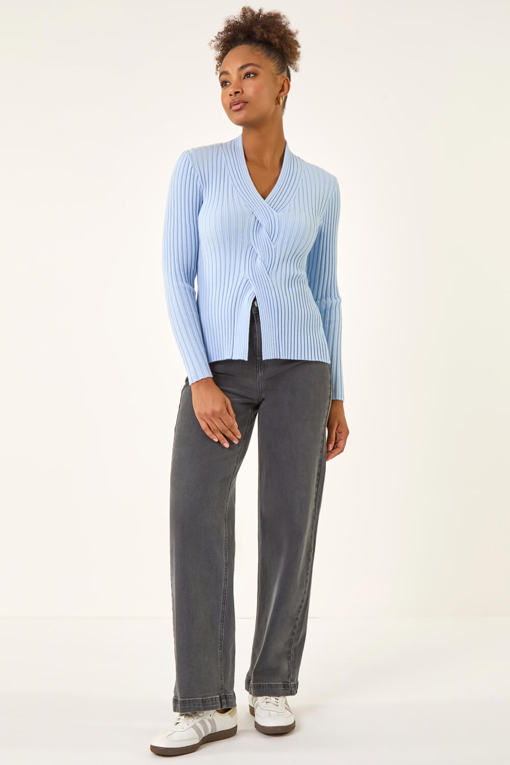 Light Blue Cable Split Detail Rib Jumper | Roman UK