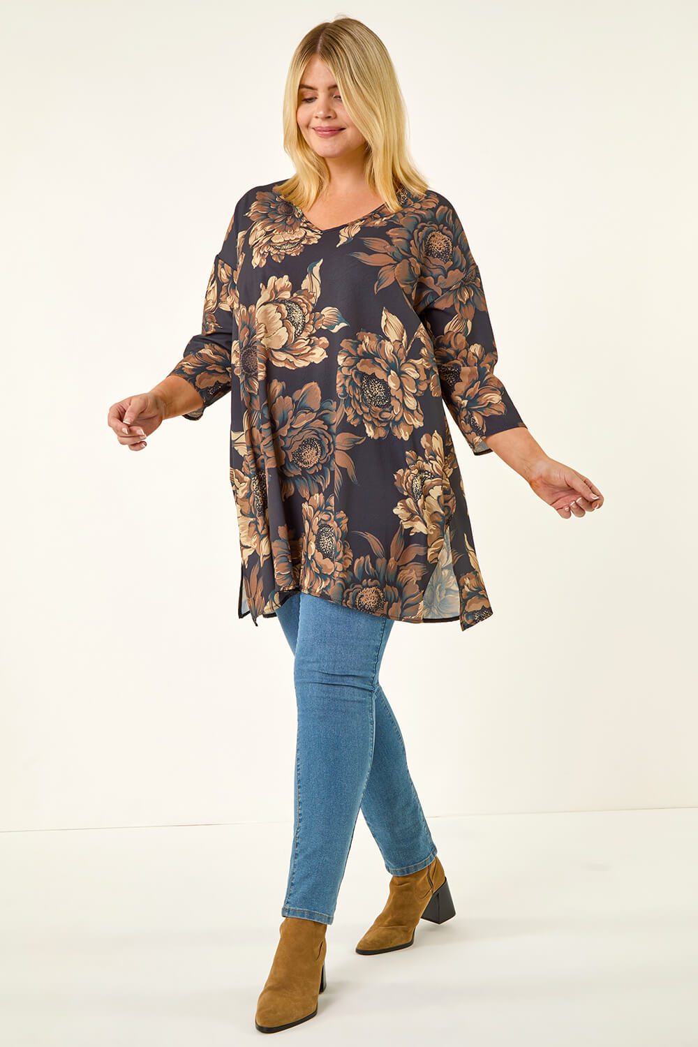Brown Curve Floral Print Tunic Top | Roman UK