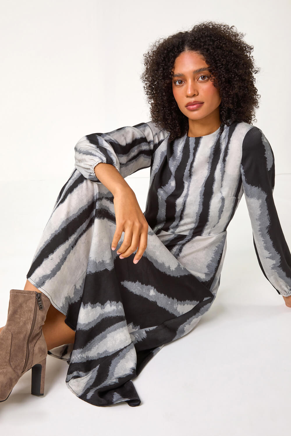Grey Shadow Stripe Print Midi Dress | Roman UK