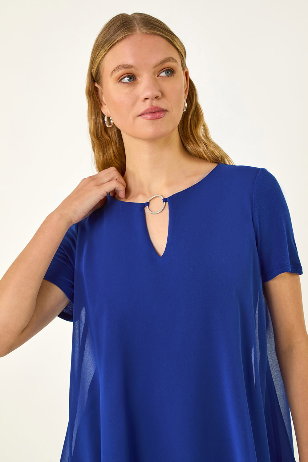 Royal Blue Ring Front Chiffon Overlay Top | Roman UK
