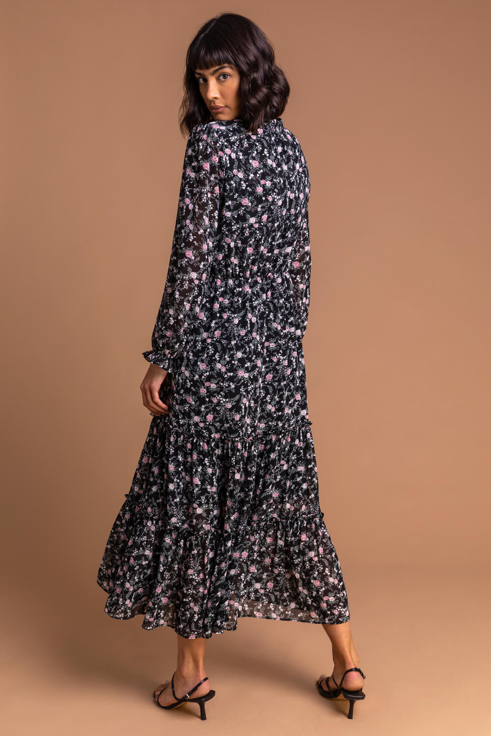 Ditsy Floral Tiered Midi Dress in Black - Roman Originals UK