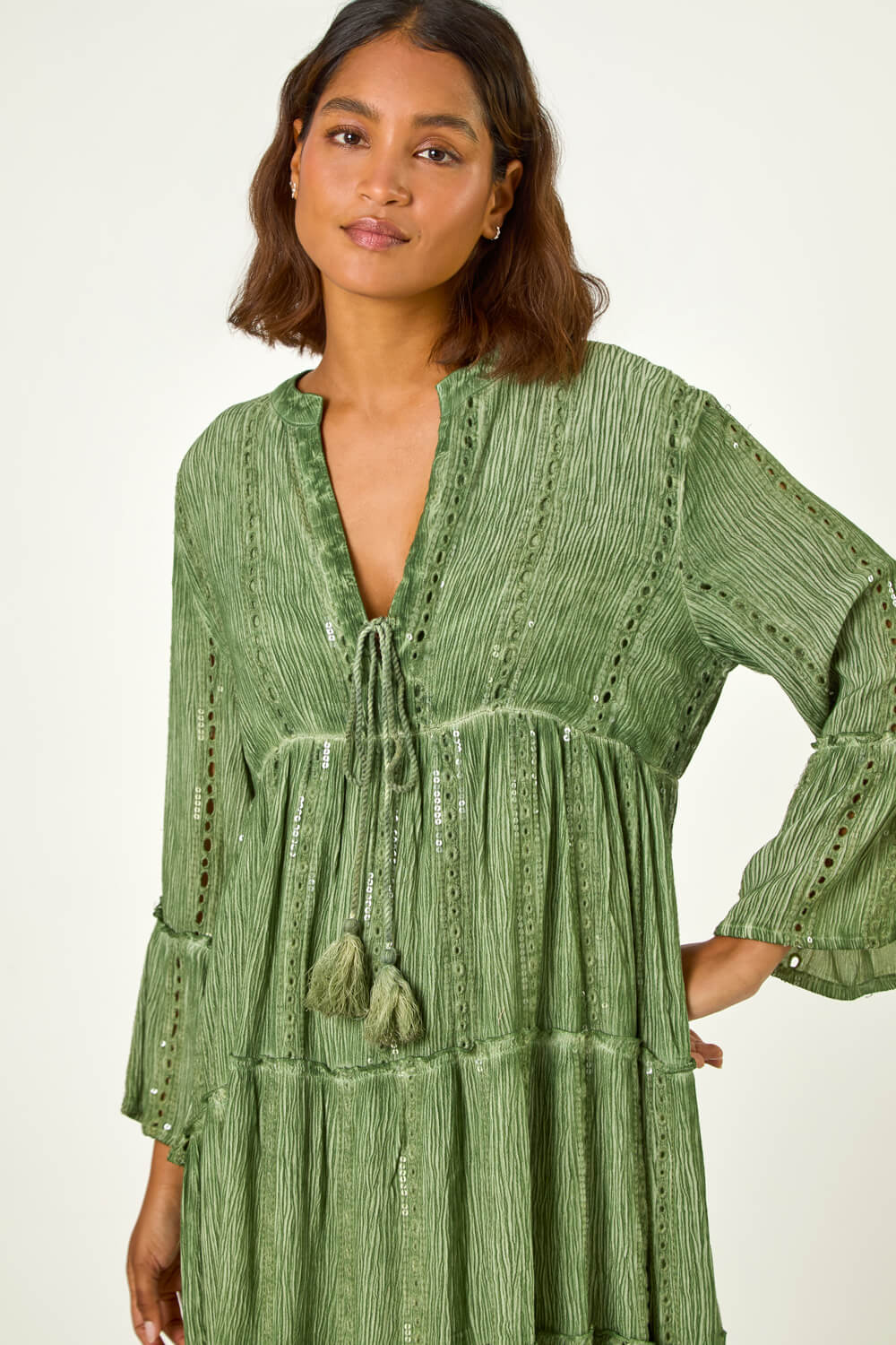 Green Shimmer Tie Detail Smock Dress | Roman UK