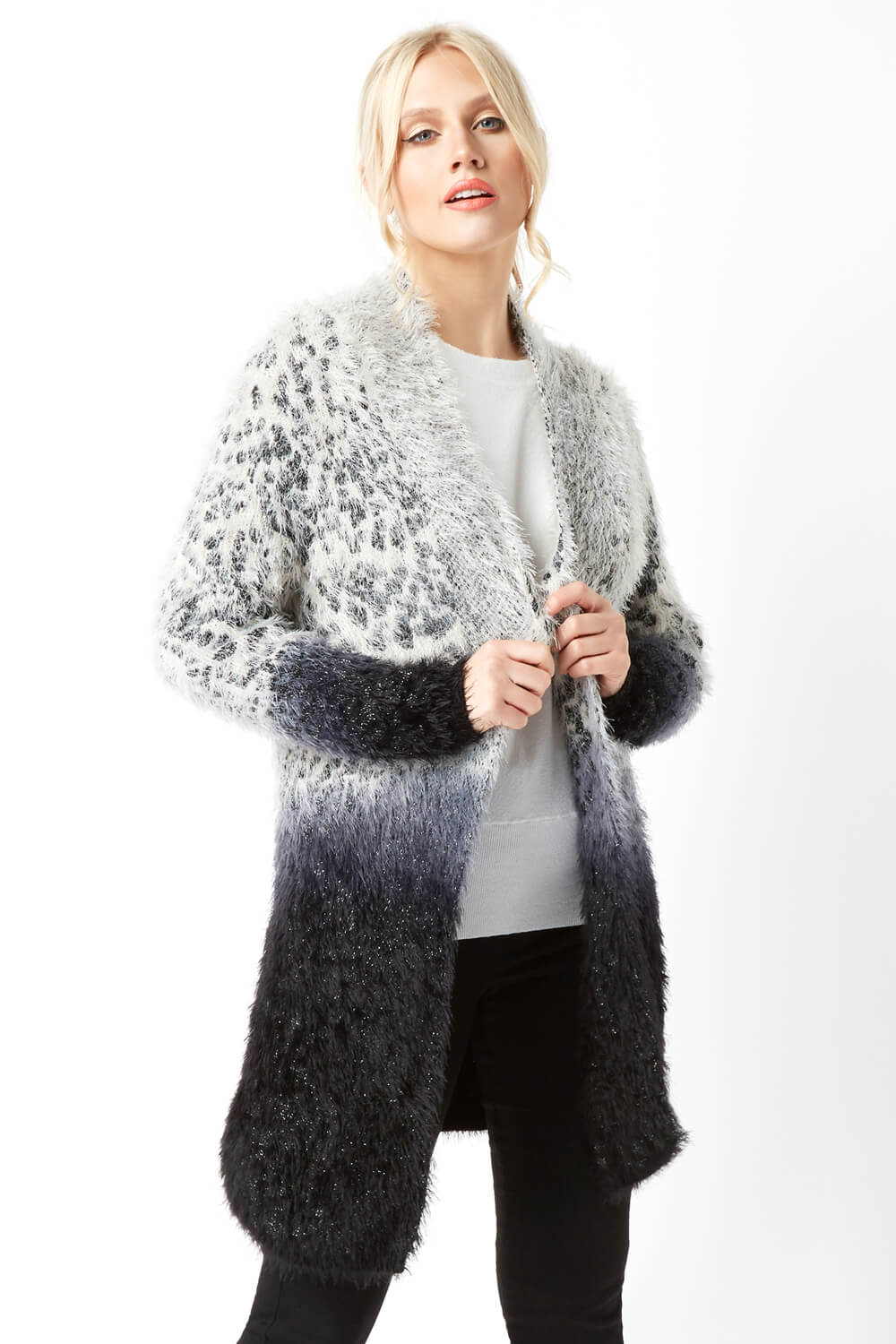 Fluffy Animal Print Longline Cardigan in Multi - Roman Originals UK