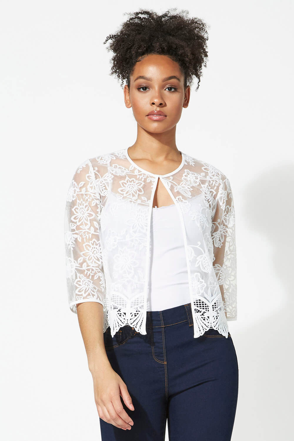 Short Floral Embroidered Jacket in Ivory - Roman Originals UK