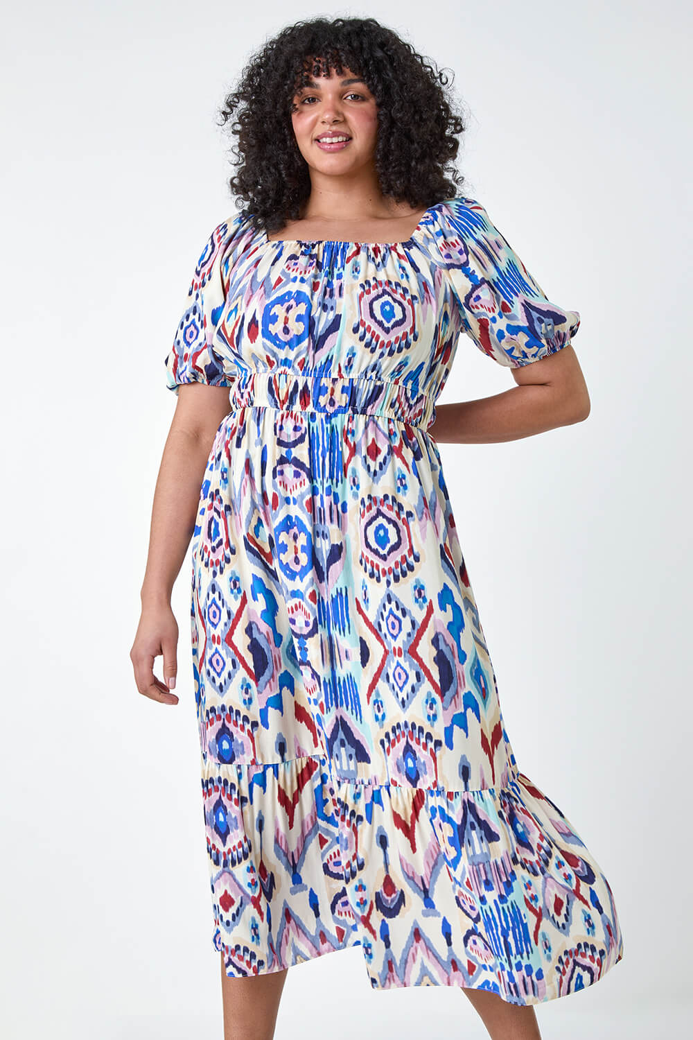 Purple Curve Aztec Print Shirred Midi Dress | Roman UK