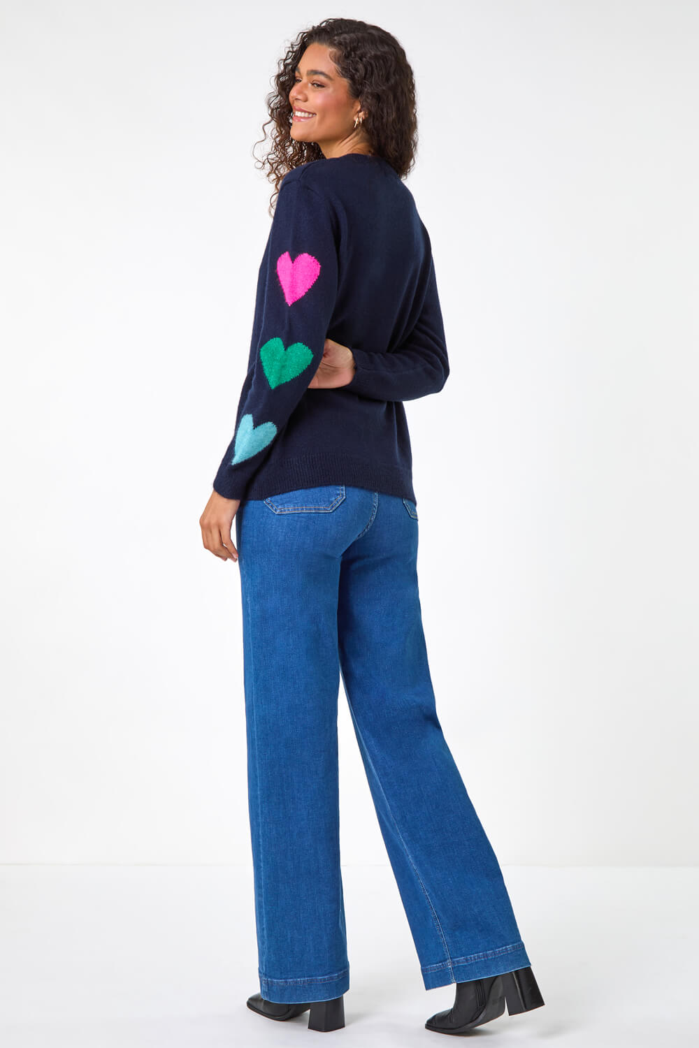 Midnight Blue Multi Heart Detail Longline Jumper | Roman UK