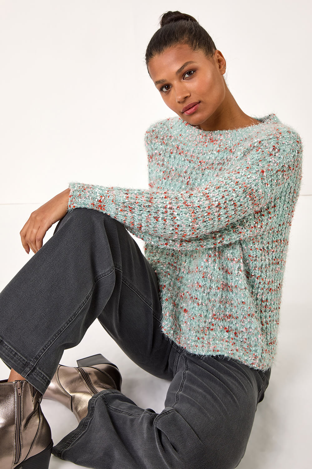 Mint Melange Texture Knit Jumper | Roman UK