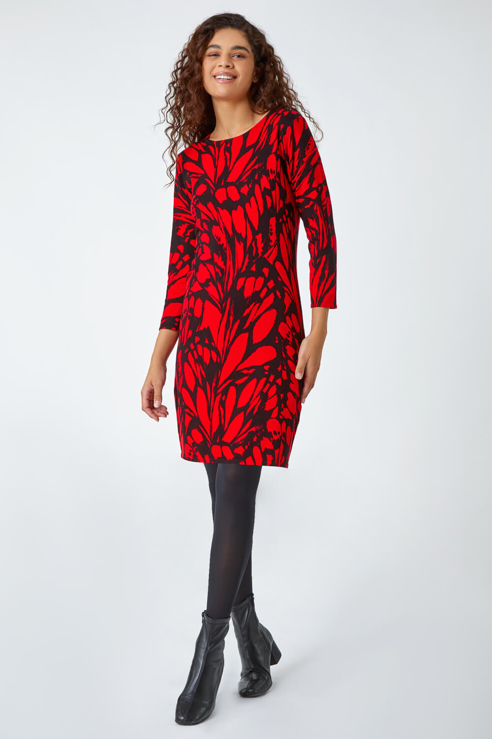 Red Butterfly Print Knitted Stretch Dress | Roman UK