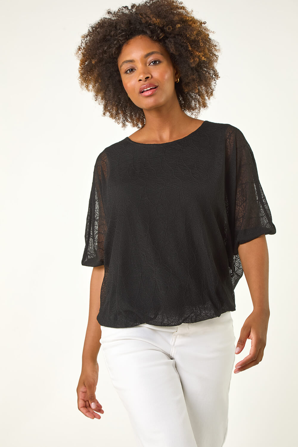 Black Mesh Bubble Hem Stretch Top | Roman UK