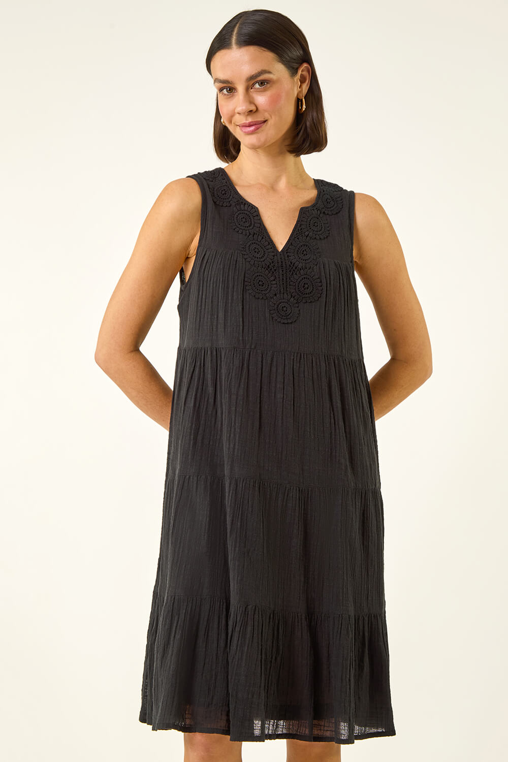 Black Cotton Trim Detail Smock Dress | Roman UK