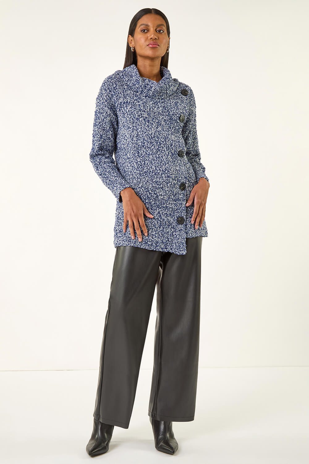 Blue Roll Neck Button Detail Jumper | Roman UK