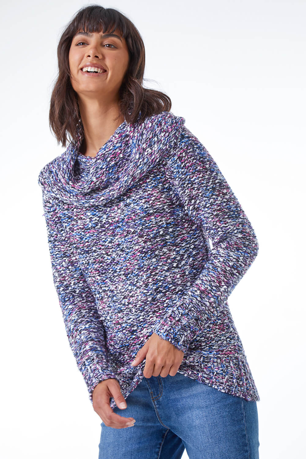 Cowl Neck Tape Yarn Jumper in Purple - Roman Originals UK