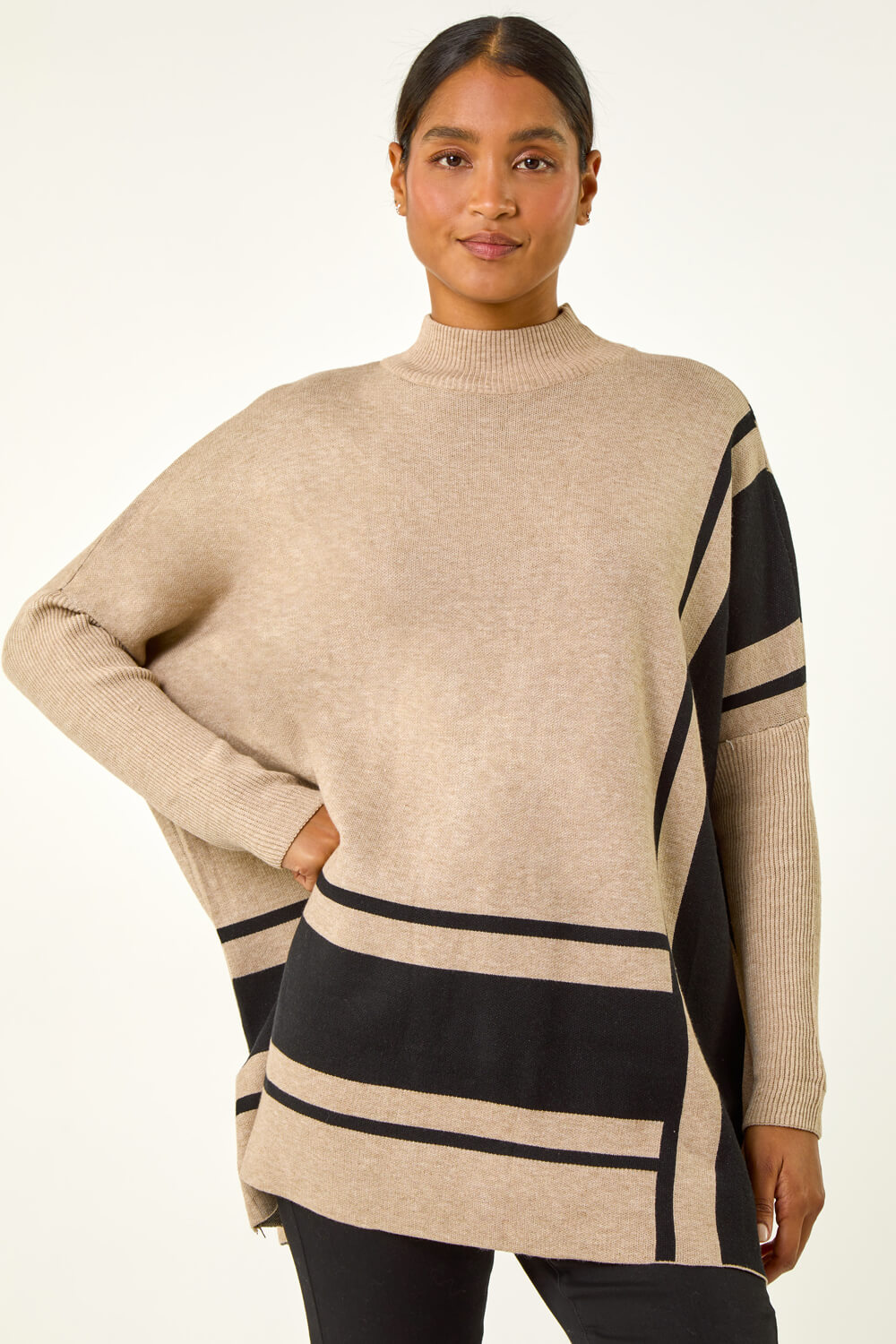 Stone Colour Block Knitted Jumper | Roman UK