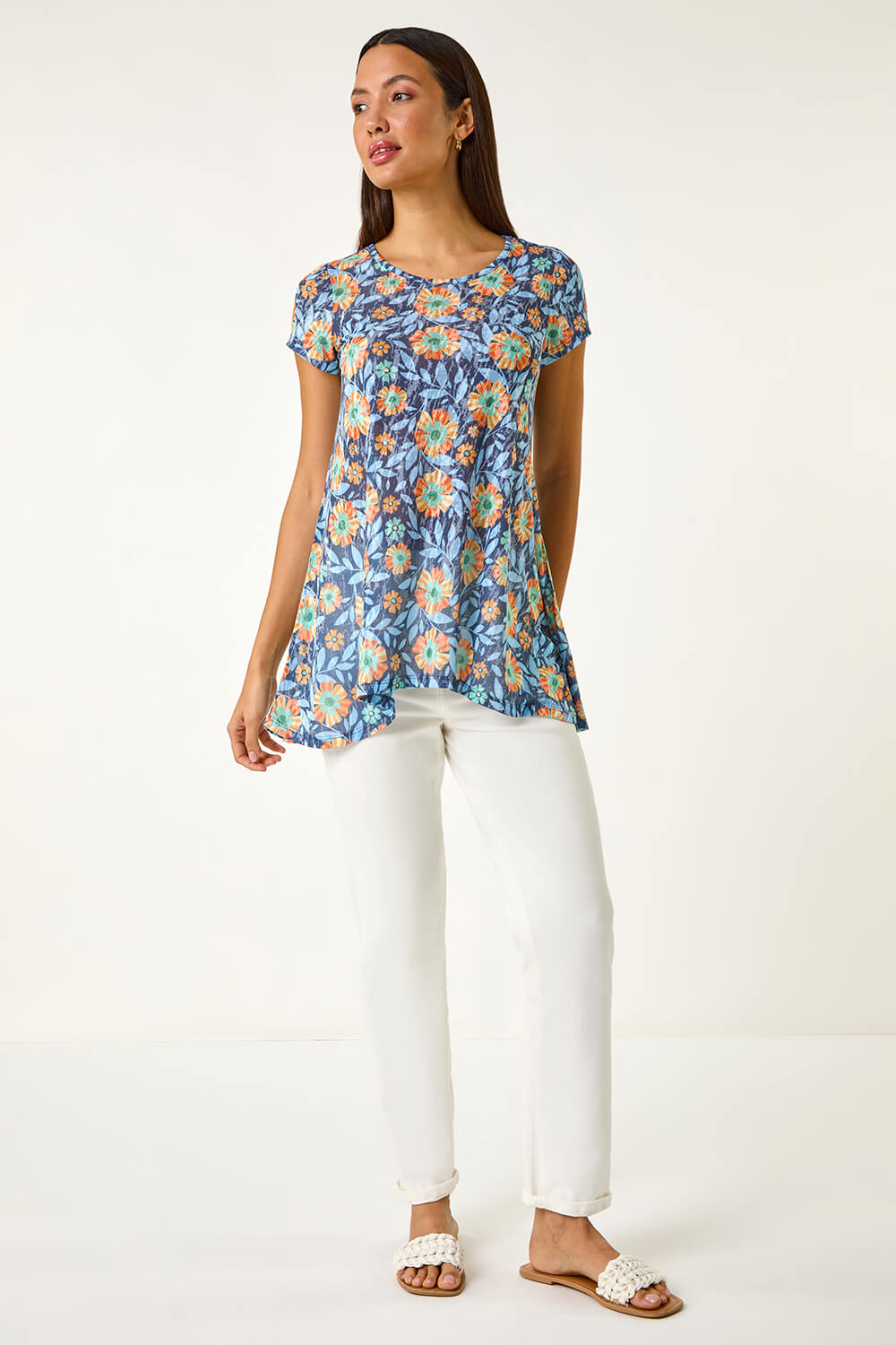 Blue Floral Burnout Print Tunic Top | Roman UK