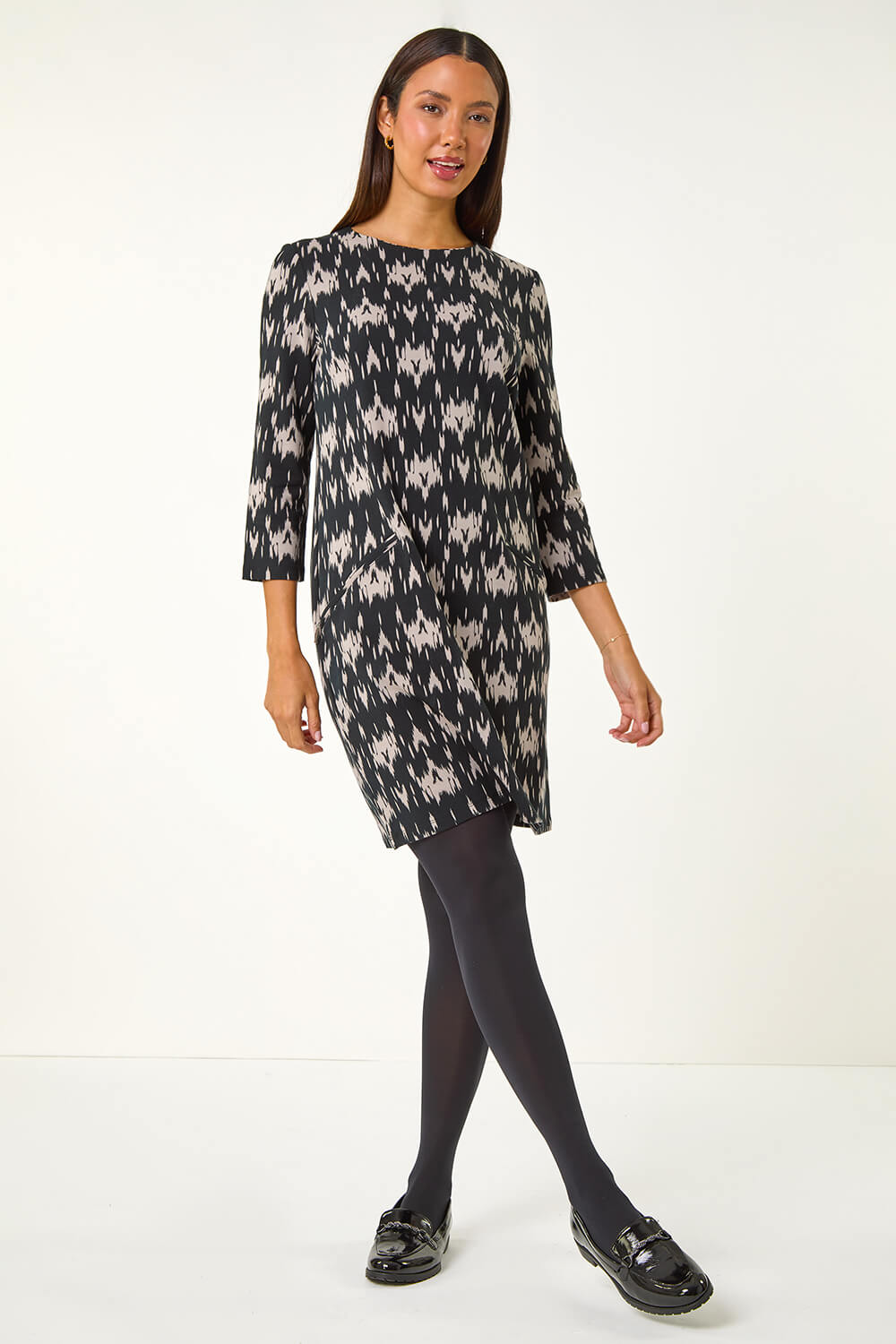 Dark Grey Abstract Zip Trim Stretch Shift Dress | Roman UK
