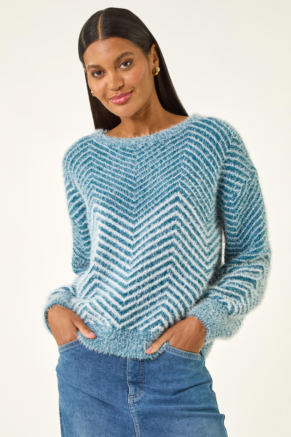 Blue Abstract Stripe Knit Jumper | Roman UK