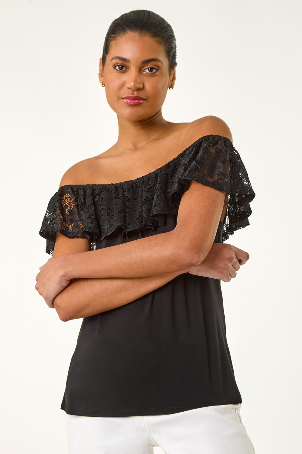 Black Lace Trim Bardot Top | Roman UK