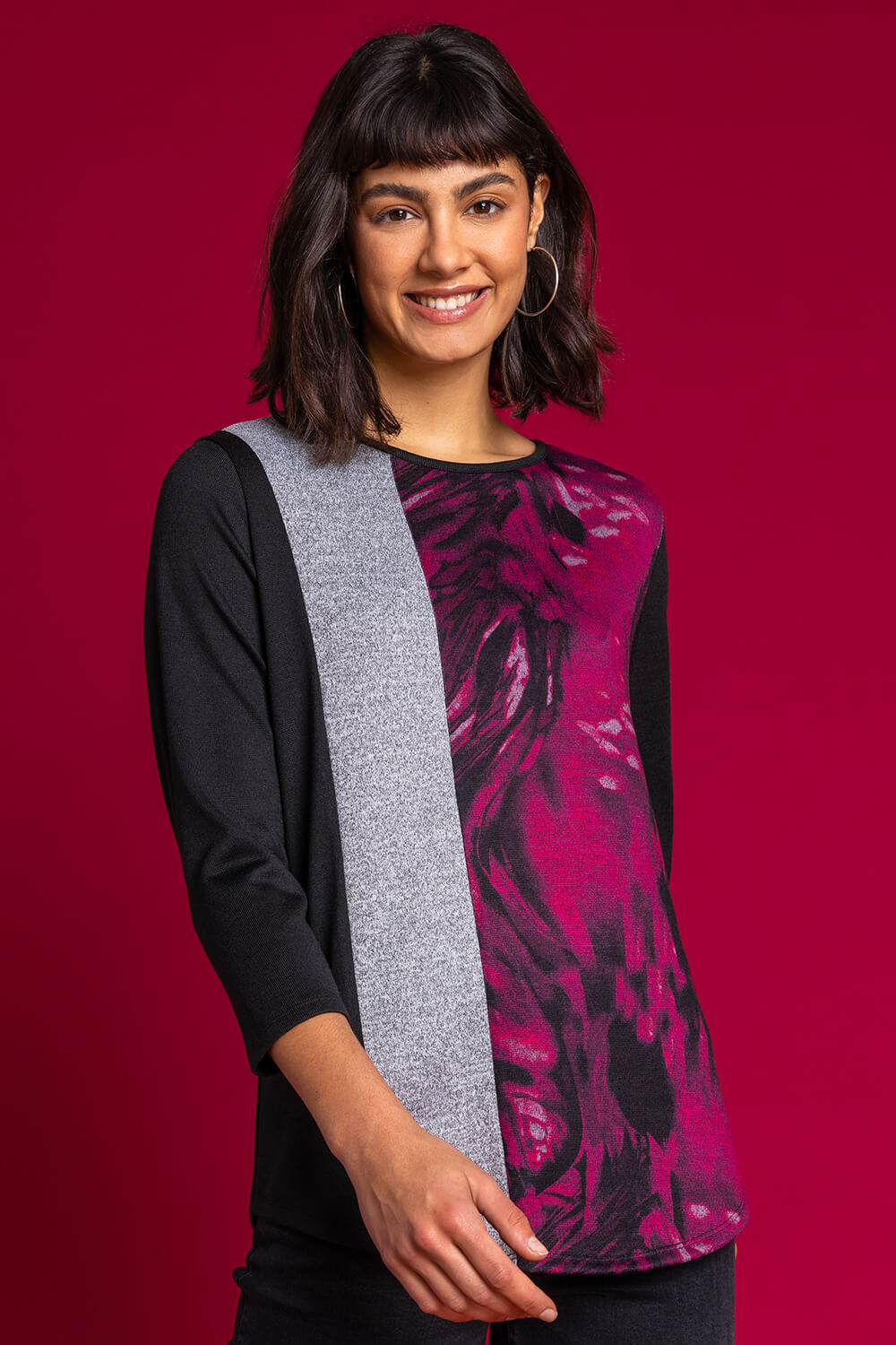 Abstract Print Colour Block Top in Cerise - Roman Originals UK