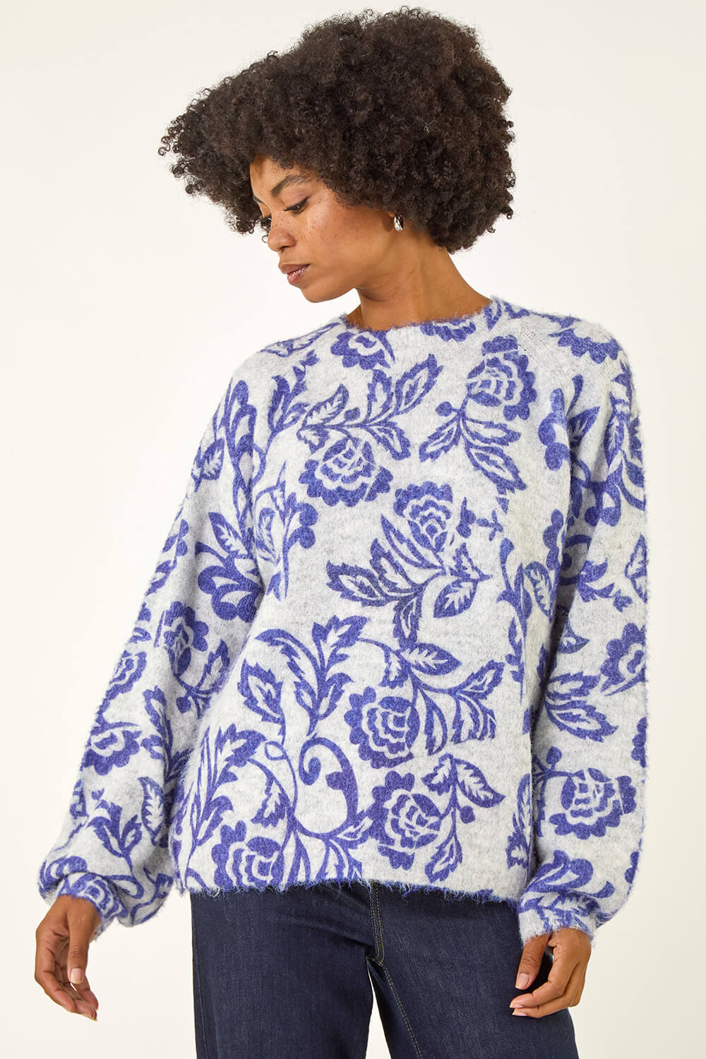 Light Grey Abstract Floral Knit Jumper | Roman UK