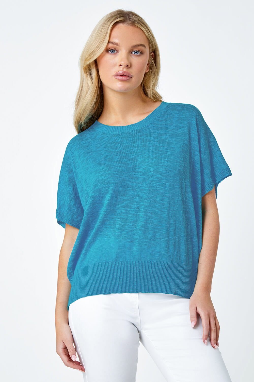 Turquoise Petite Cotton Blend Textured Knit Top | Roman UK