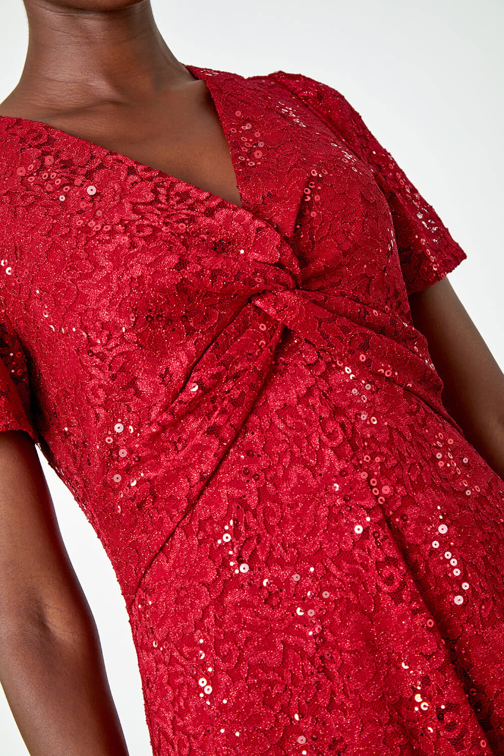 Red Sequin Lace Twist Front Midi Dress | Roman UK