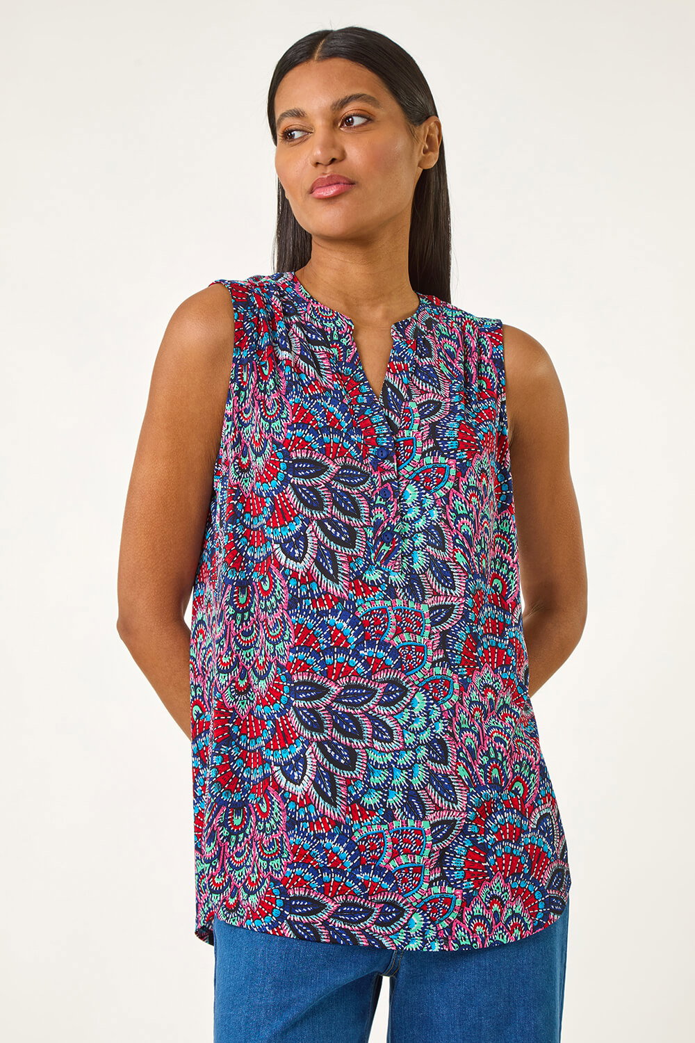 Blue Abstract Print Stretch Vest Top | Roman UK