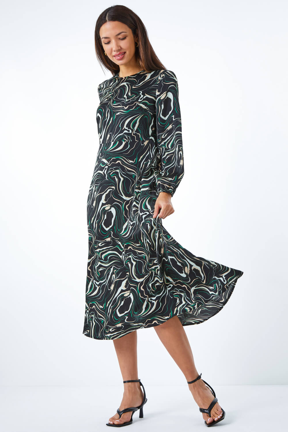 Marble Print Fit & Flare Dress in Black - Roman Originals UK