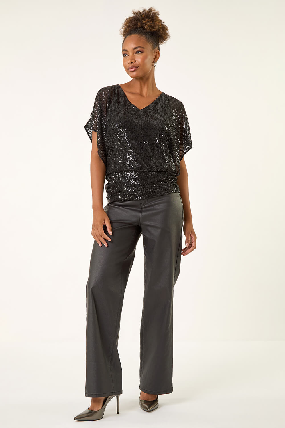 Black Sequin Mesh Bow Back Top | Roman UK