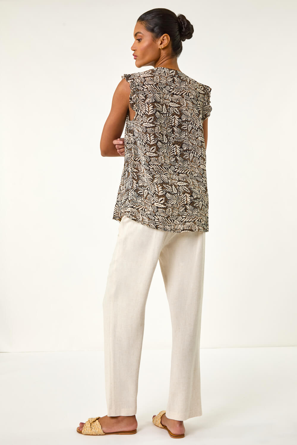 Brown Abstract Print Pintuck Frill Blouse | Roman UK